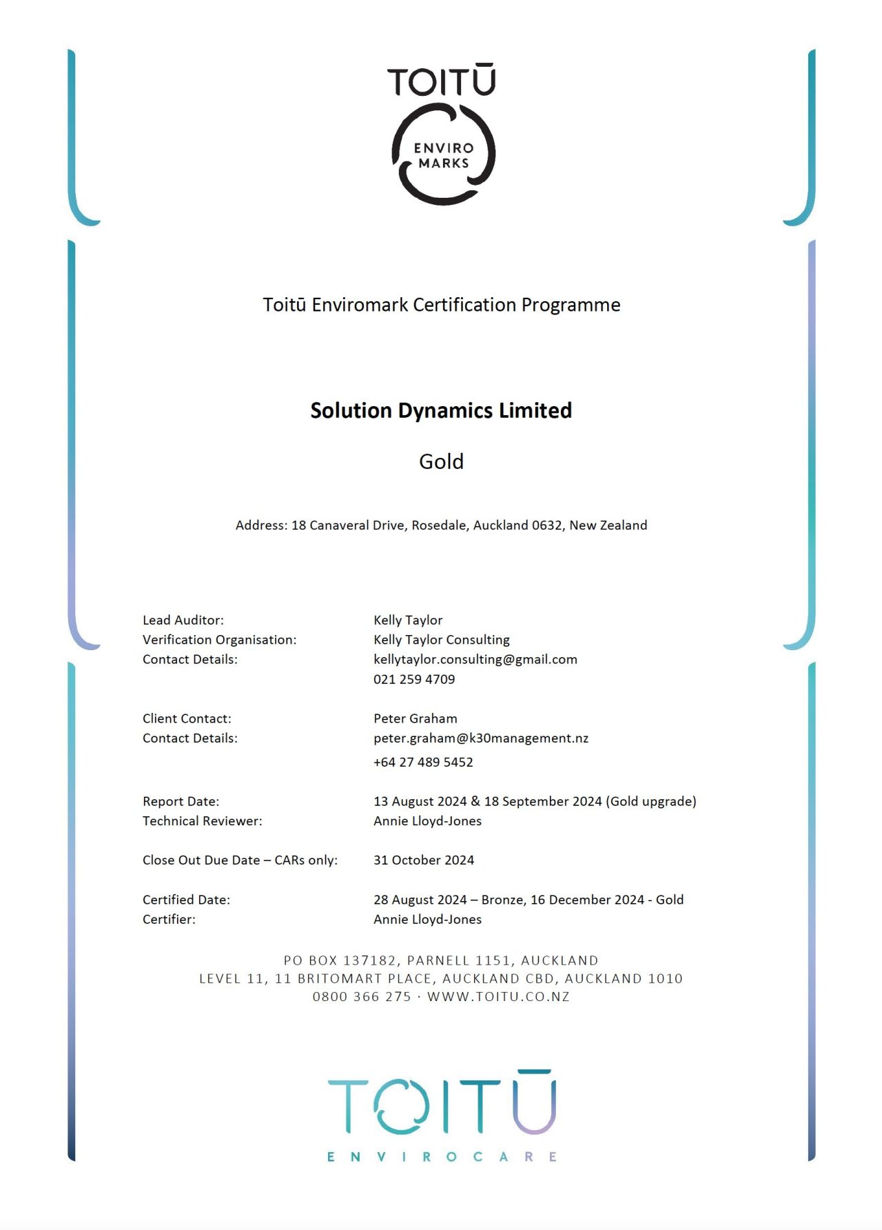 Toitū Enviromark Gold Certification | Solution Dynamics